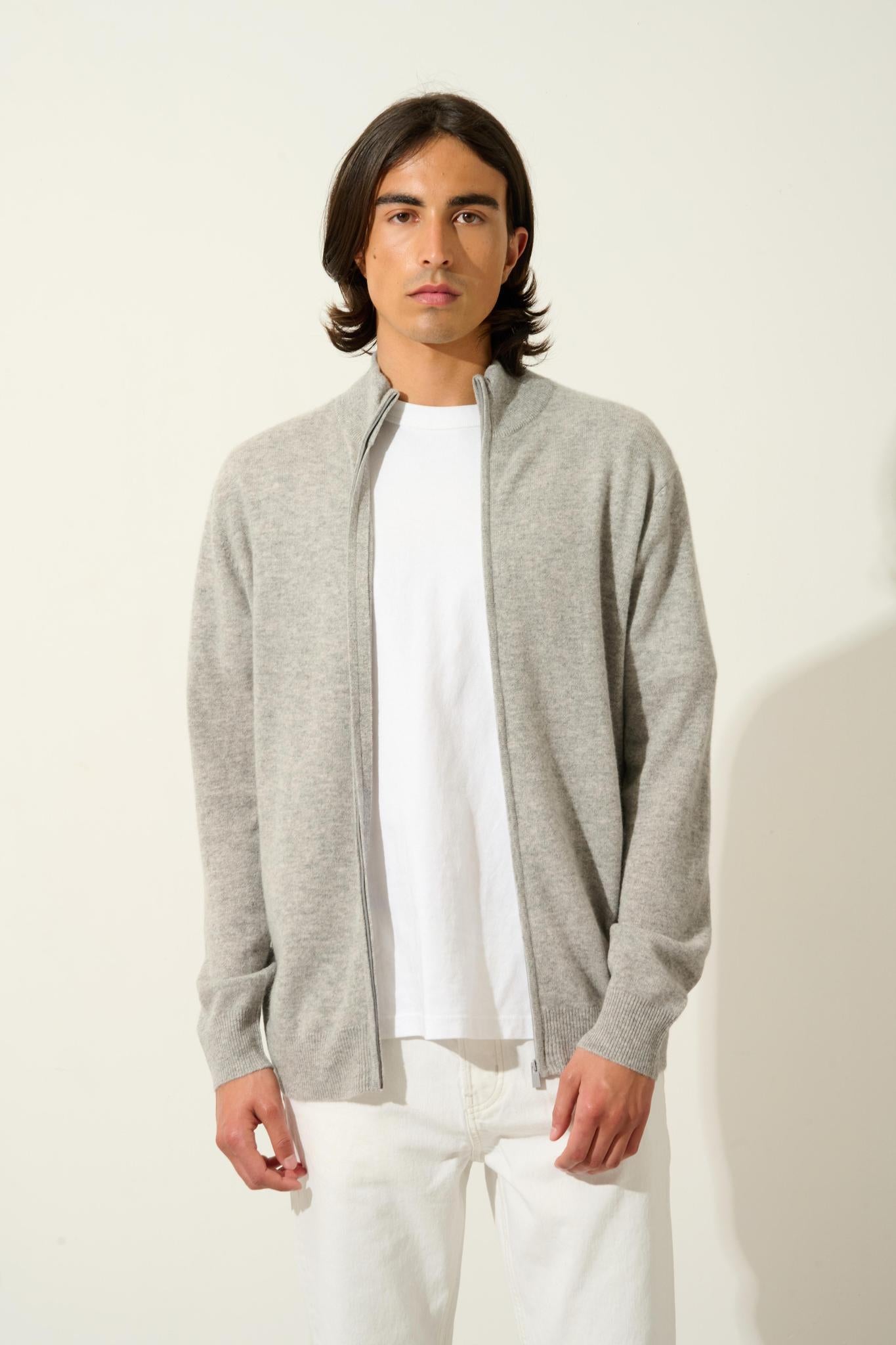 ALBARON gilet zippé col montant nuage chiné 100% cachemire – Authentic ...