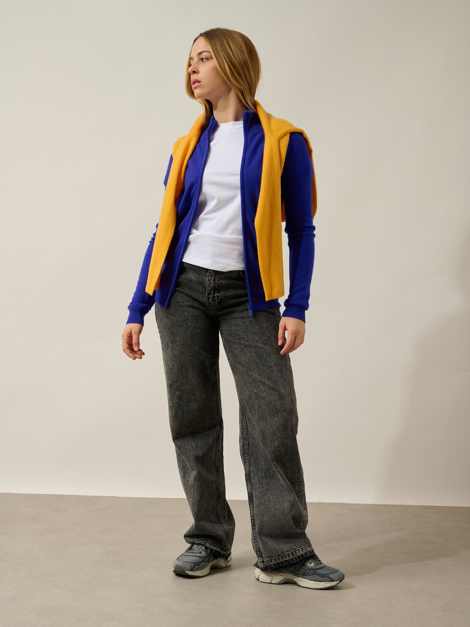 THALUN gilet zippé col montant indigo 100% cachemire – Authentic Cashmere
